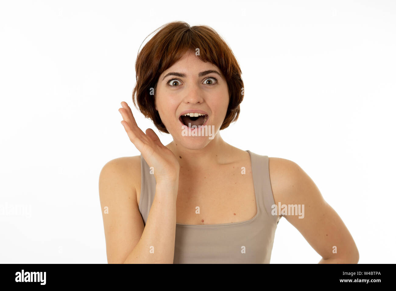 Portrait of beautiful shocked woman hearing good news or having great ...