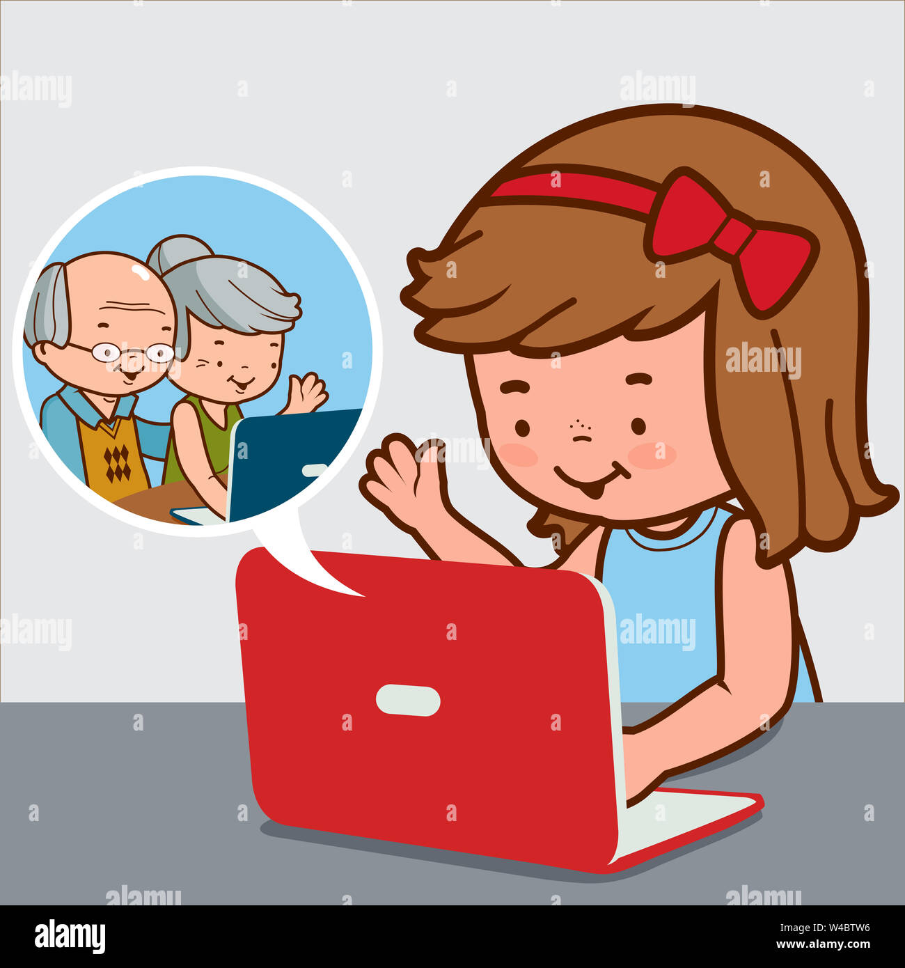 Family talk. A girl sitting on her desk in front of her computer and ...