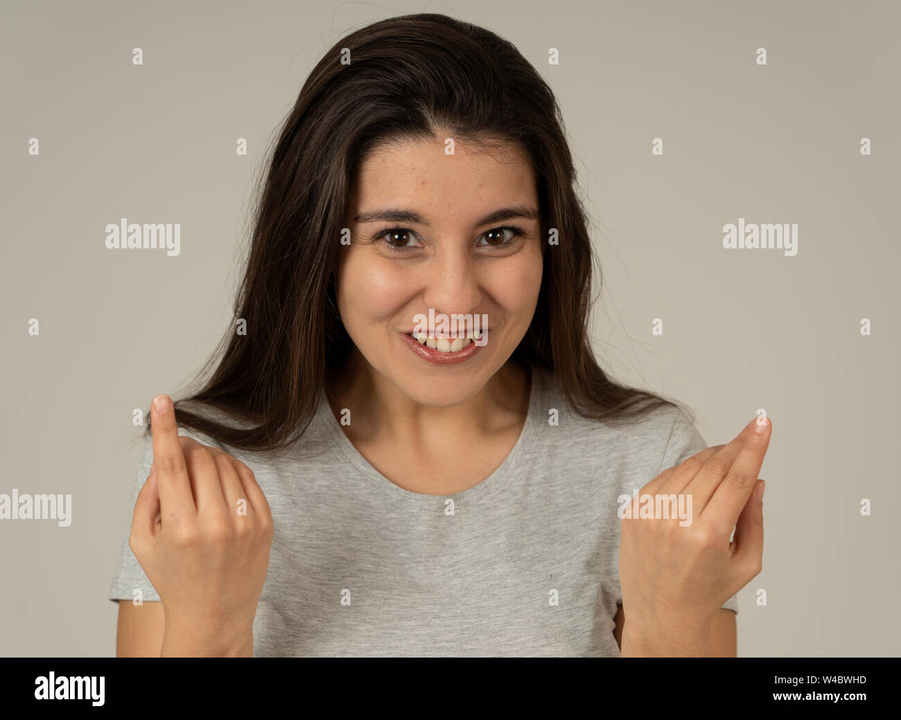 Portrait of beautiful shocked woman hearing good news or having great ...
