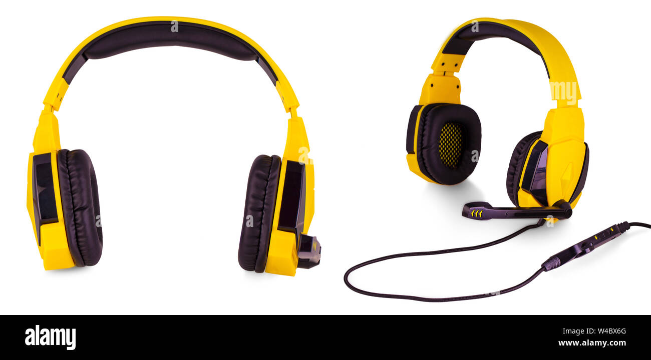 Yellow headphones with a microphone isolated on white background Stock ...