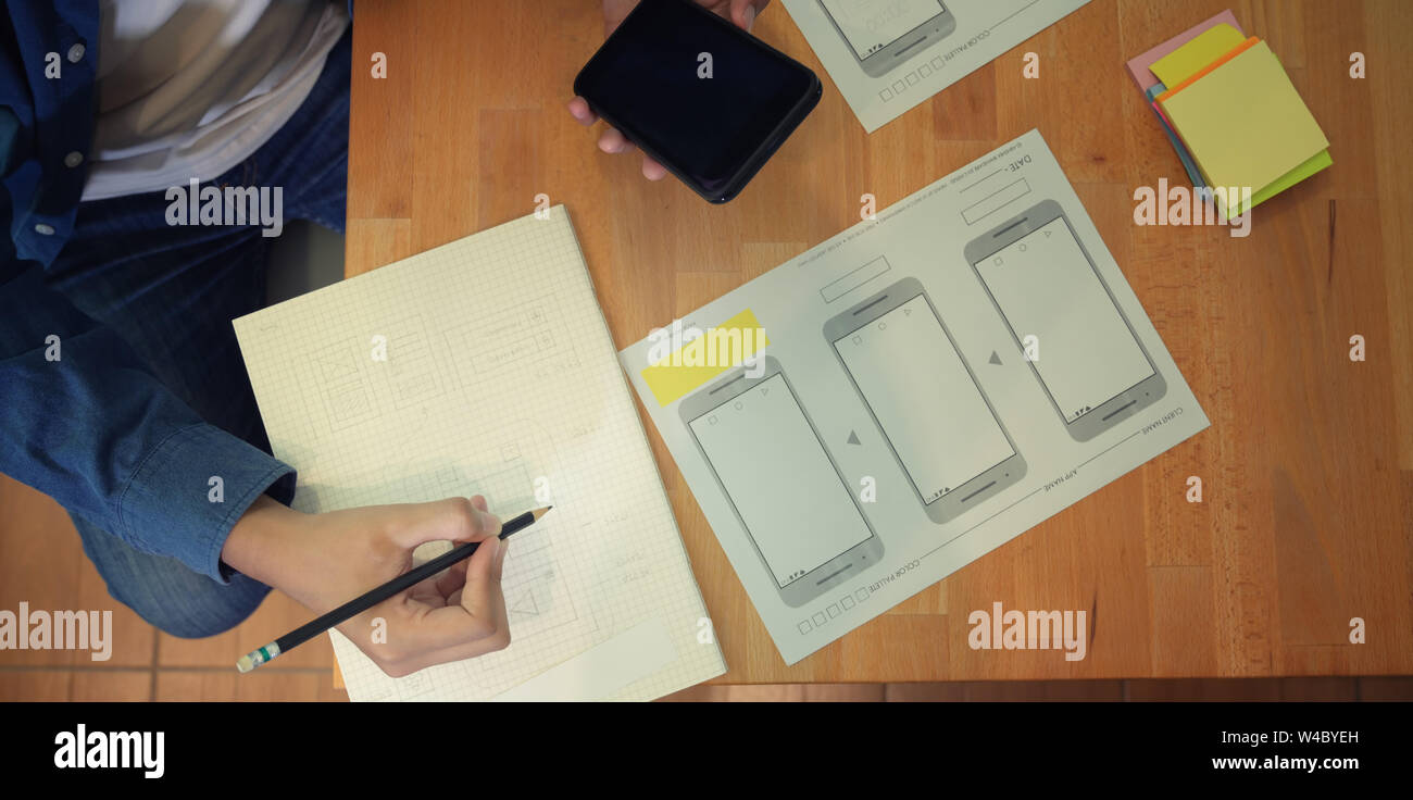 Male UI graphic designer drawing template, man's hands close up Stock ...