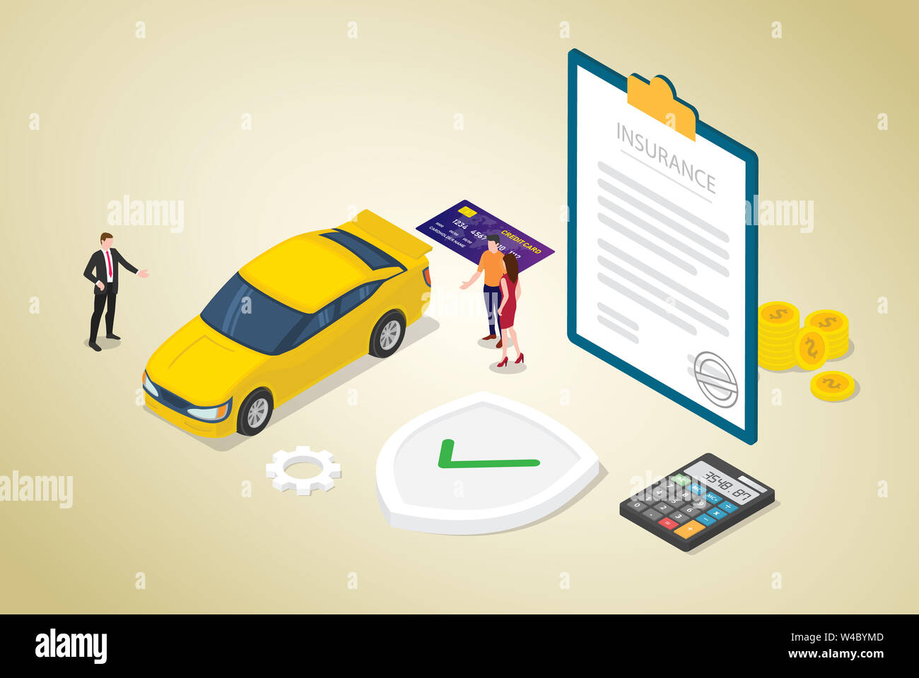 car insurance concept with car and contract paper with team people and ...