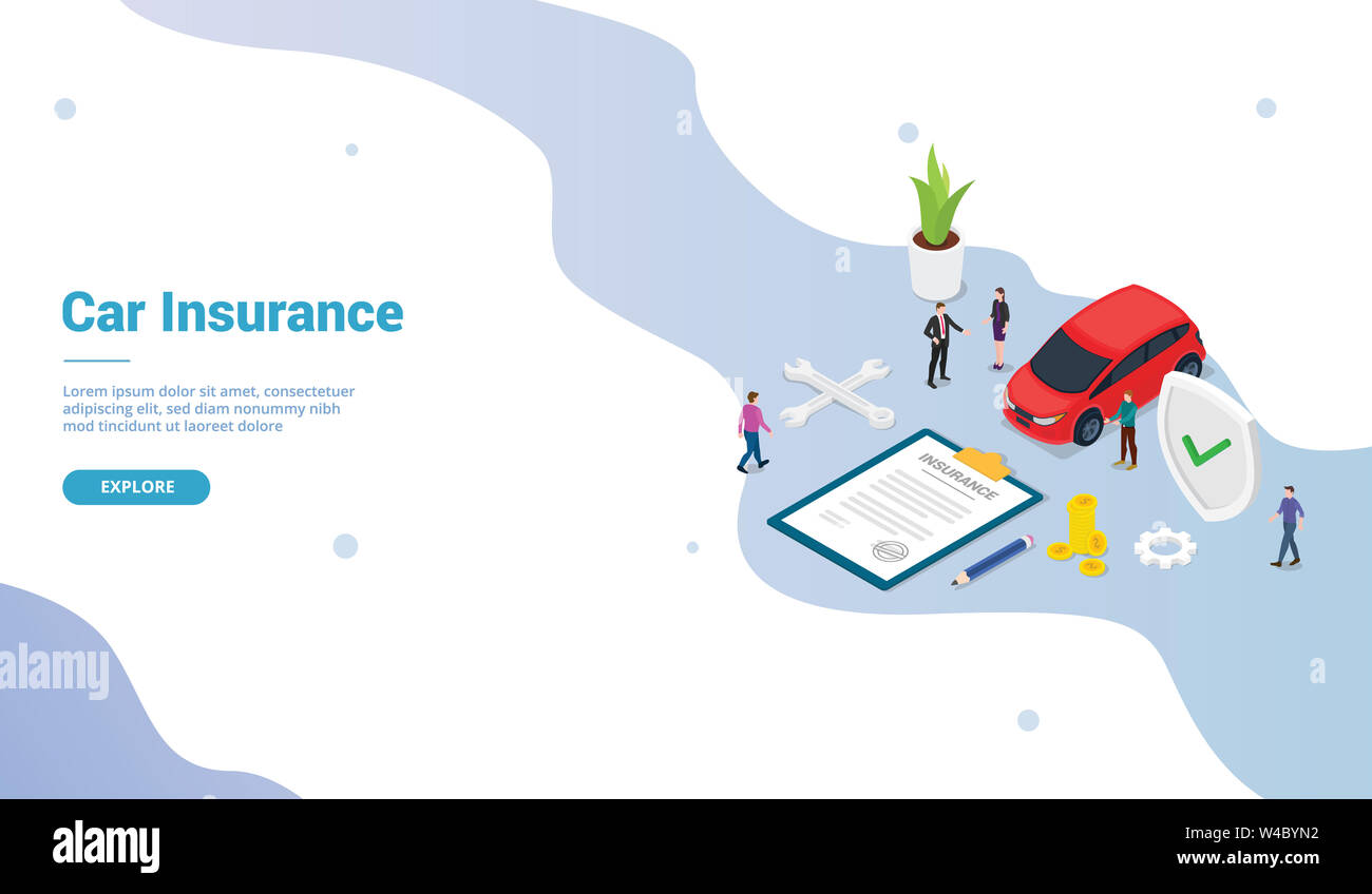 car insurance concept with car and contract paper with team people for ...