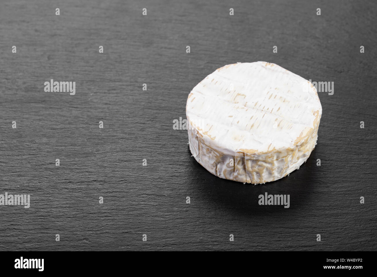 whole round brie cheese head with white mold on a black background ...