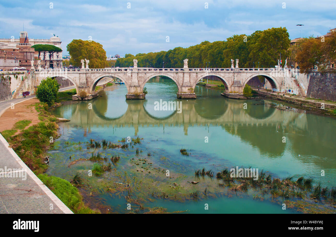Image of Rione Ponte district. View of white Ponte Sant'Angelo bridge ...