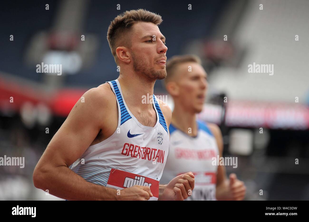 London, UK. 21 July 2019. Andrew Pozzi (GBR) in the mens 100m hurdles ...