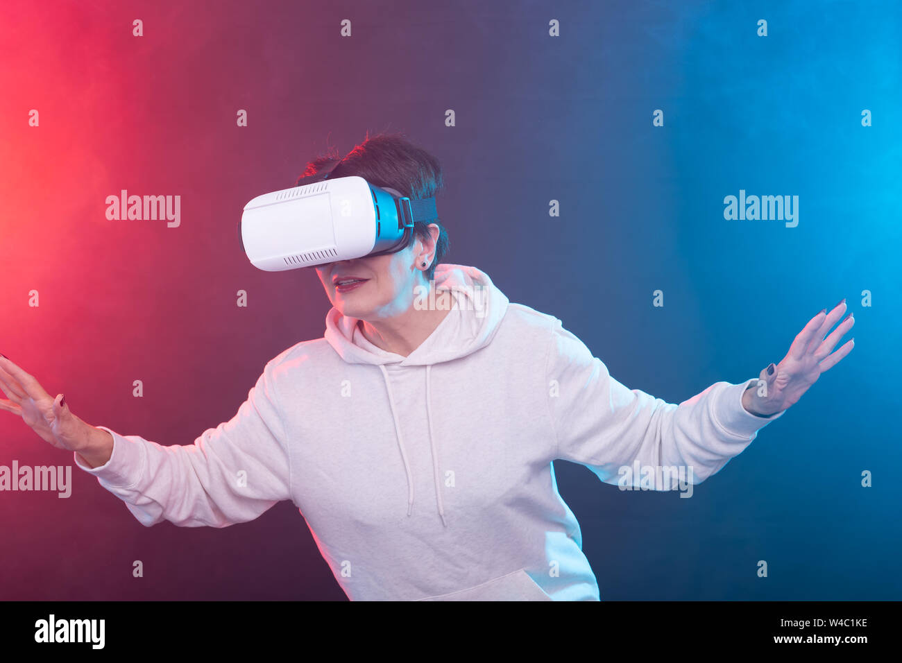 Smile happy woman getting experience using VR headset glasses of ...