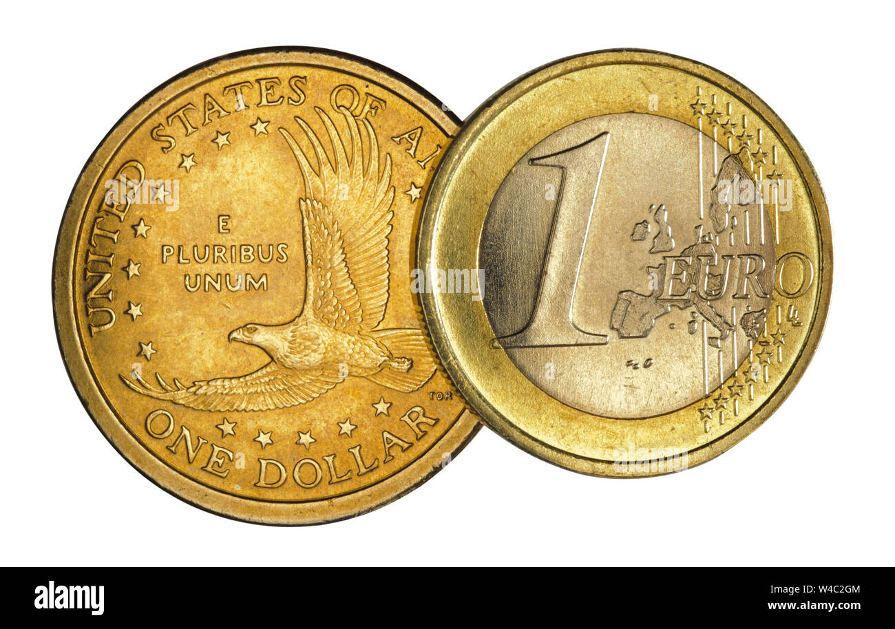 one Dollar and Euro coin in detail isolated Stock Photo - Alamy