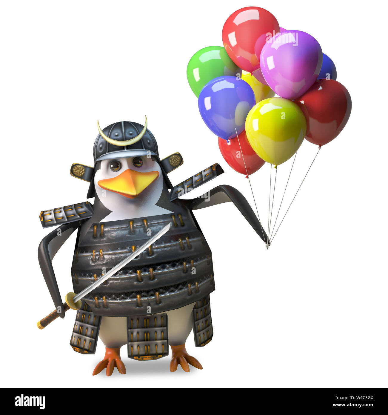 Party animal penguin samurai warrior has some celebratory balloons, 3d ...
