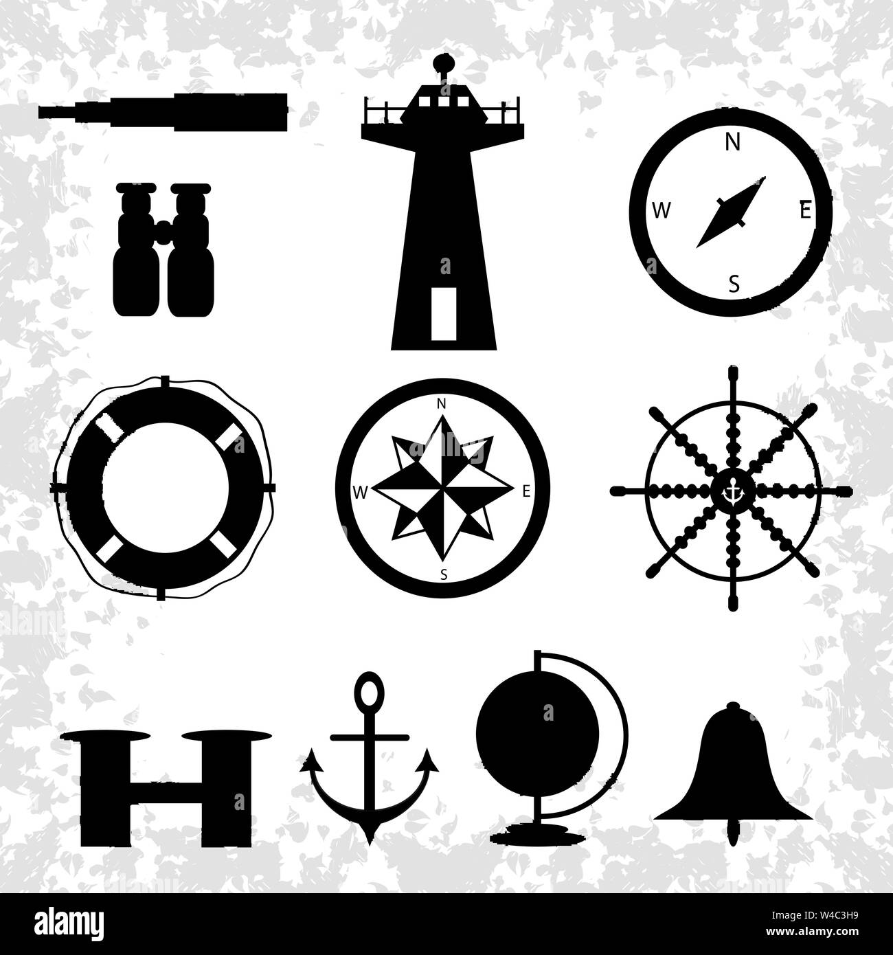marine monochrome symbols on a white background vector illustration ...