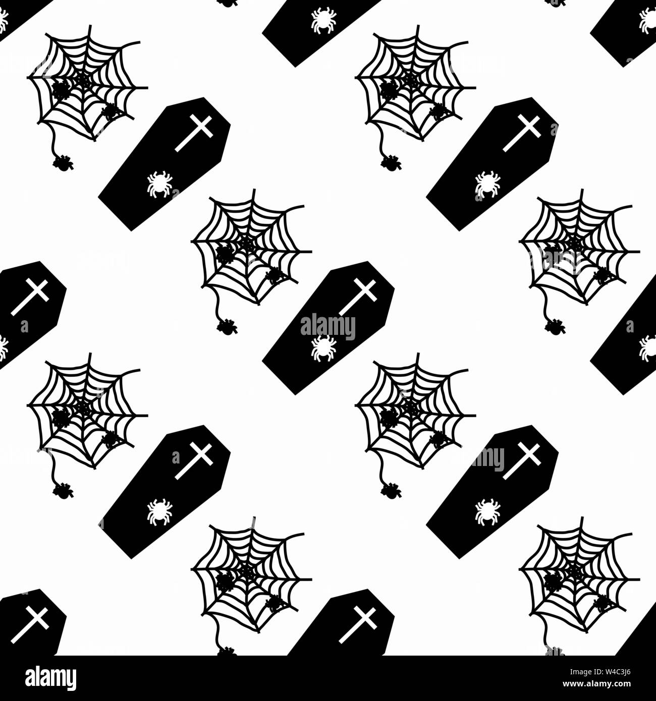 monochrome coffins and cobweb on white background seamless pattern ...