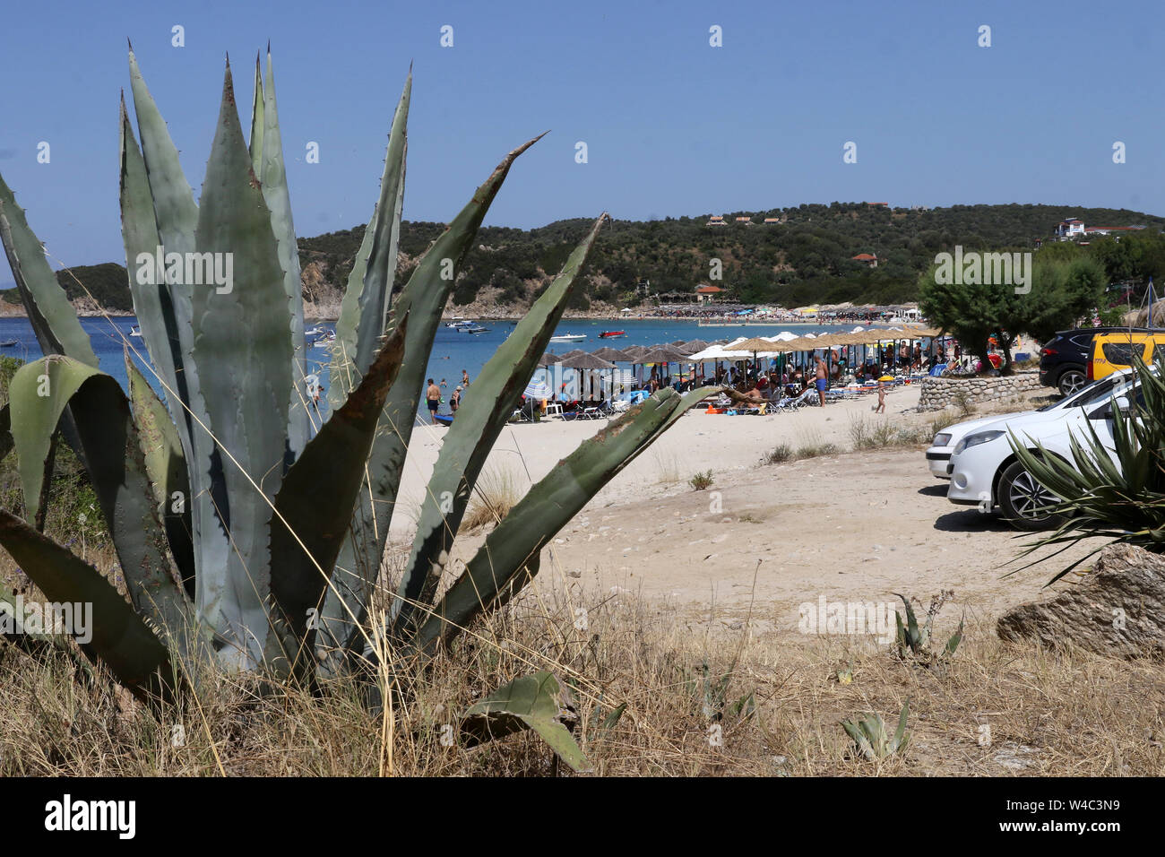 Alikes beach on Ammouliani is the island’s main beach. A long and wide ...