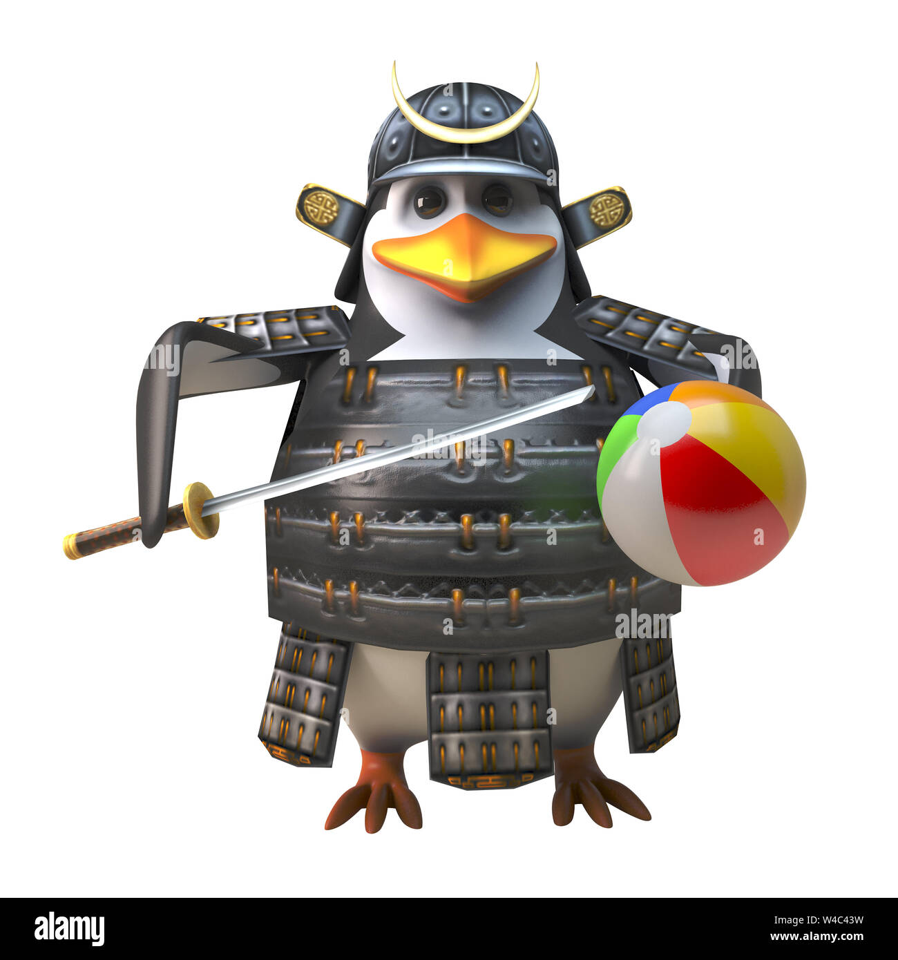 Fun loving penguin samurai warrior in armour holding a beach ball and ...