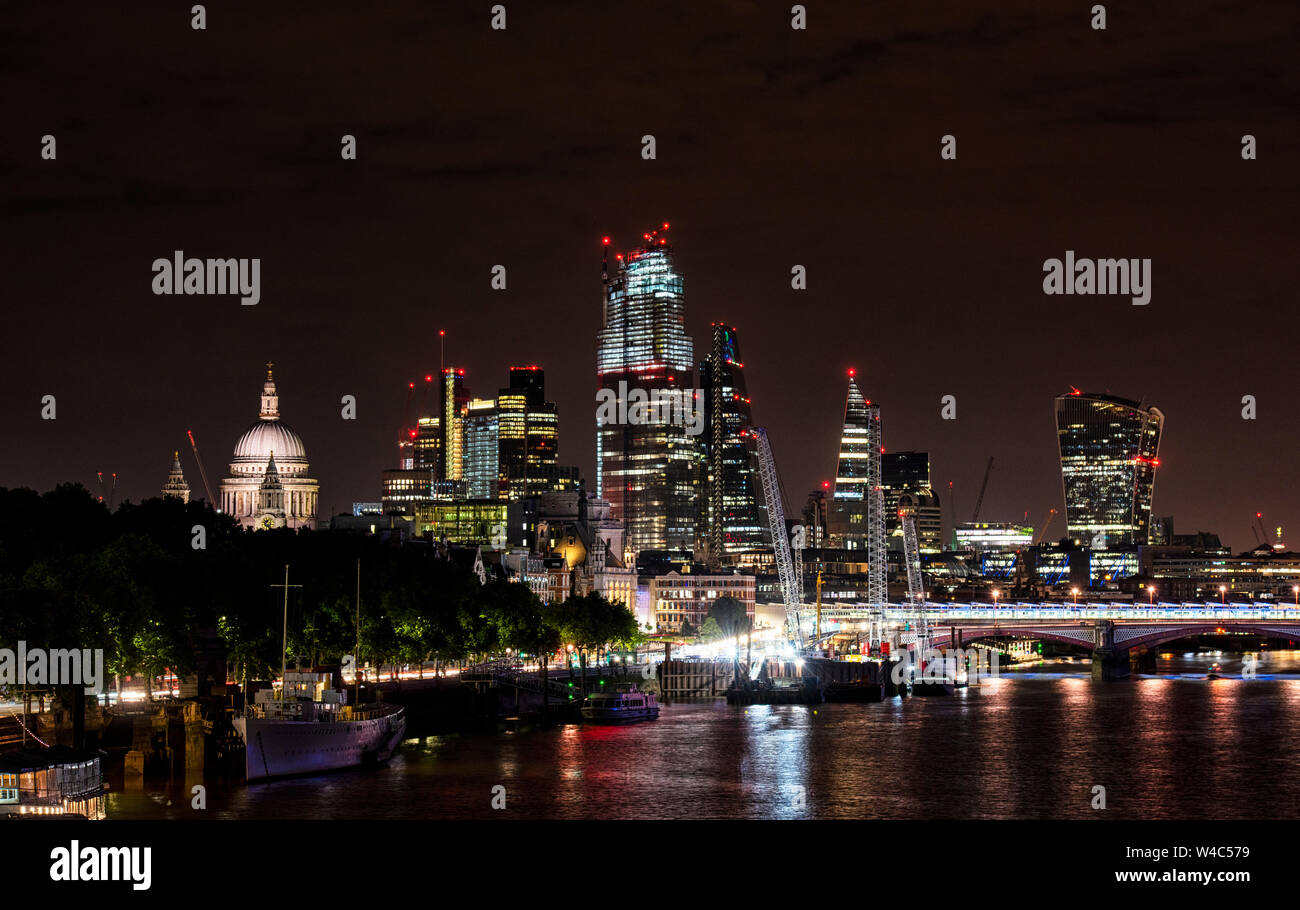 London Cityscape Captured at night from Waterloo Bridge, London England ...