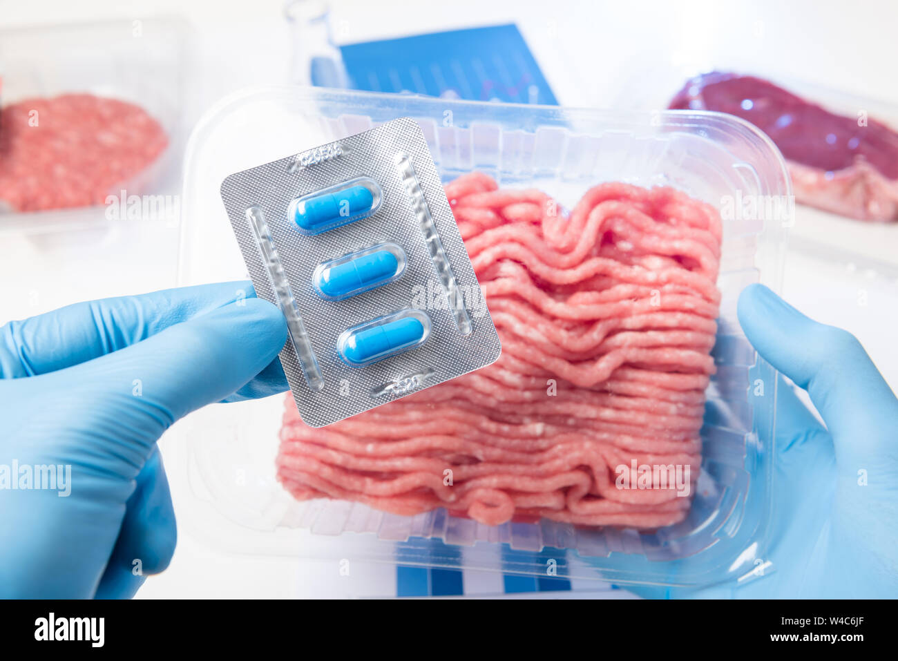 Packaged minced meat and pills blister in scientist hands. Antibiotic ...