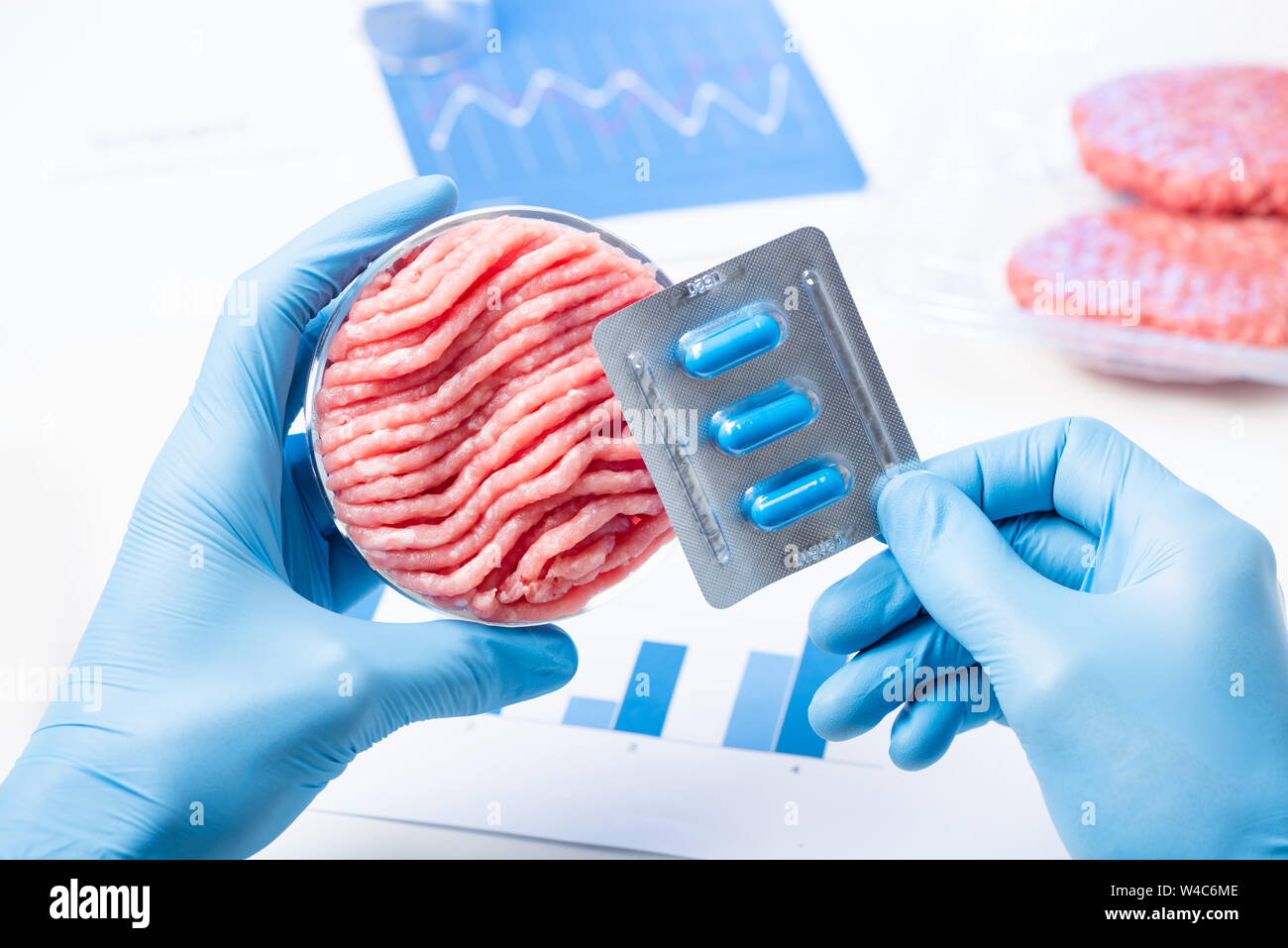 Meat in lab Perti dish and pills in scientist hands. Antibiotic use in ...
