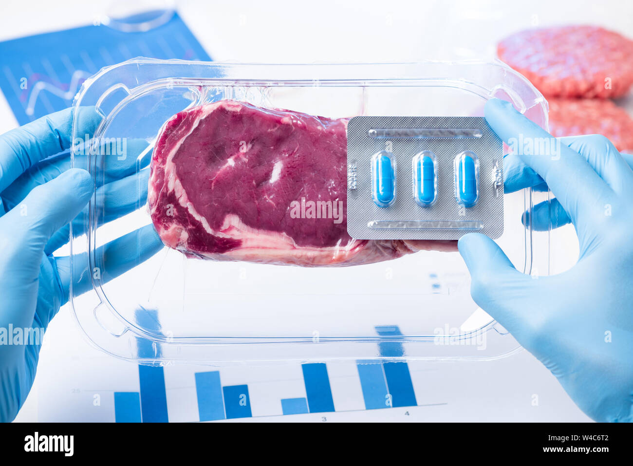 Vacuum packaged sealed meat and drugs pills pack in laboratory ...