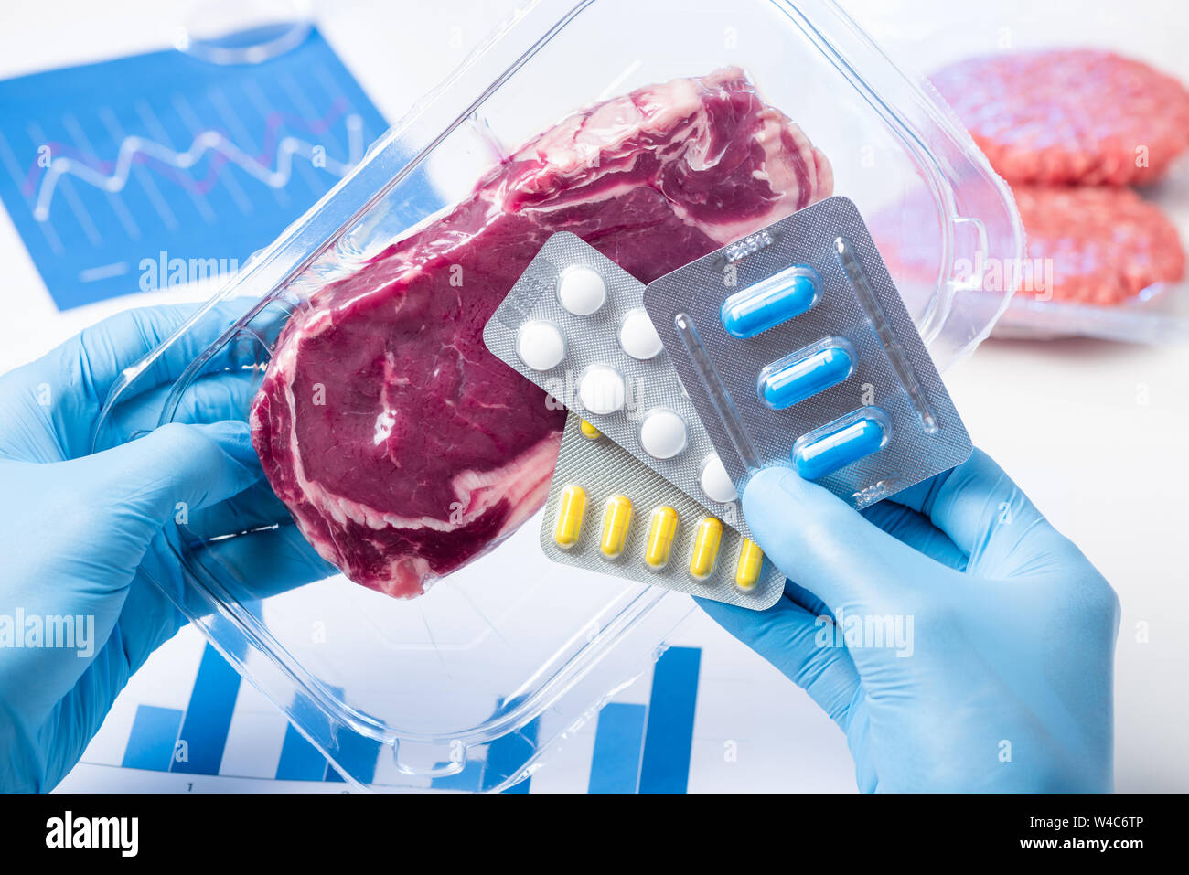 Packaged meat and pills in lab scientist hands. Livestock antibiotic ...