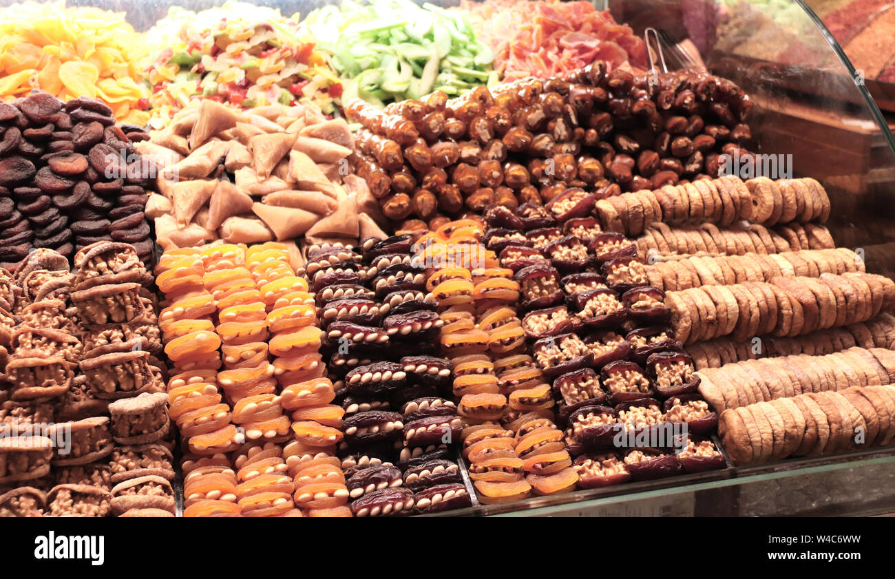 Traditional turkish delights from nuts, sugar, syrup and dried fruits ...