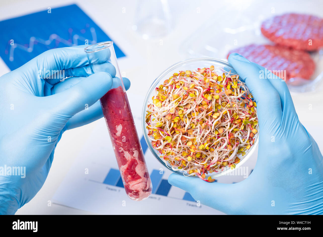 Meat in test tube and plant material in Petri dish. Vegetarian cruelty ...