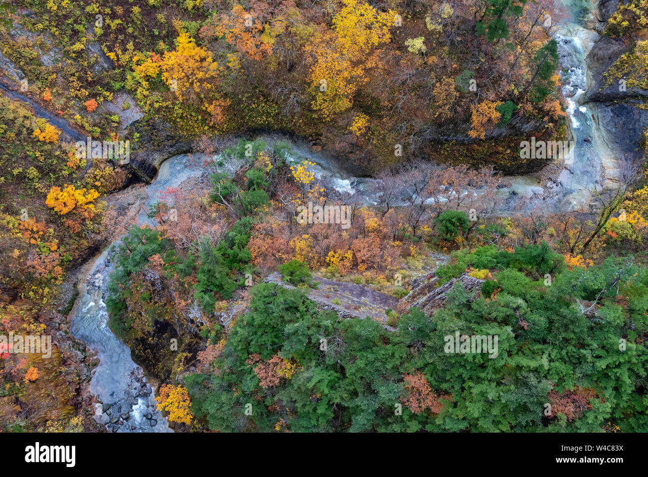 Autumn foliage scenery. Aerial view of valley and stream in fall season ...