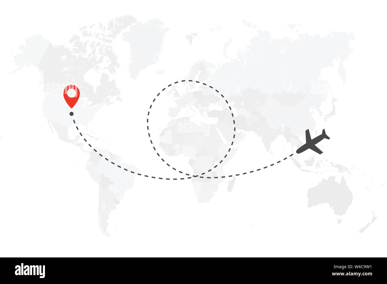 Airplane trip. Air plane flight route with start point and loop line ...