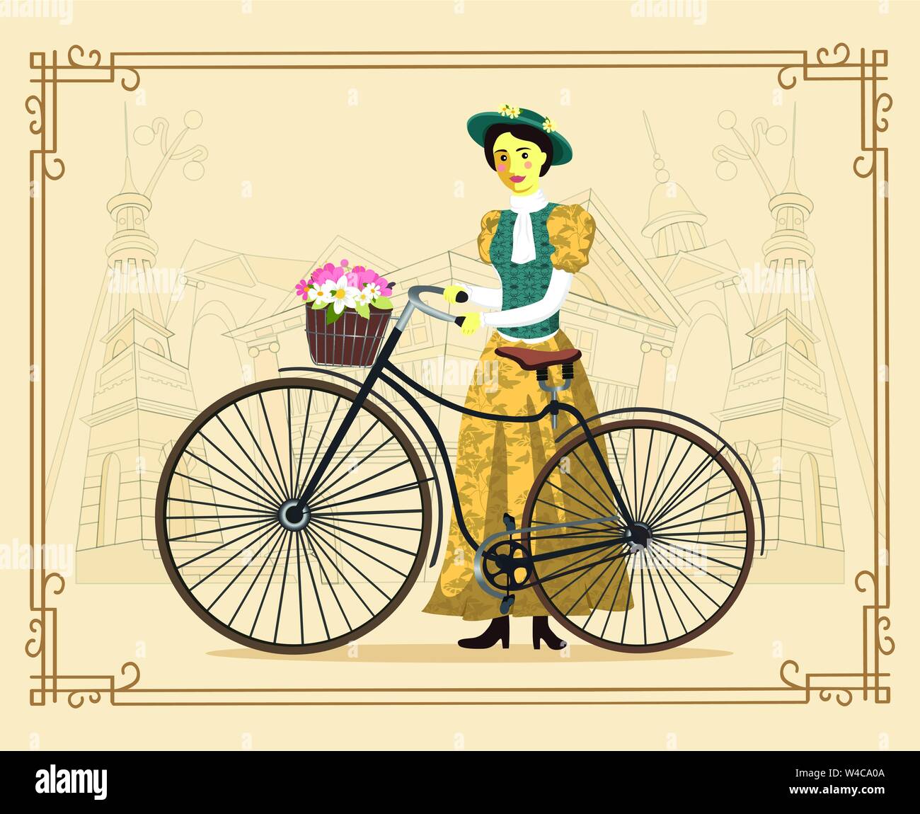 Elegant lady on a old bicycle vector Illustration in vintage costume ...