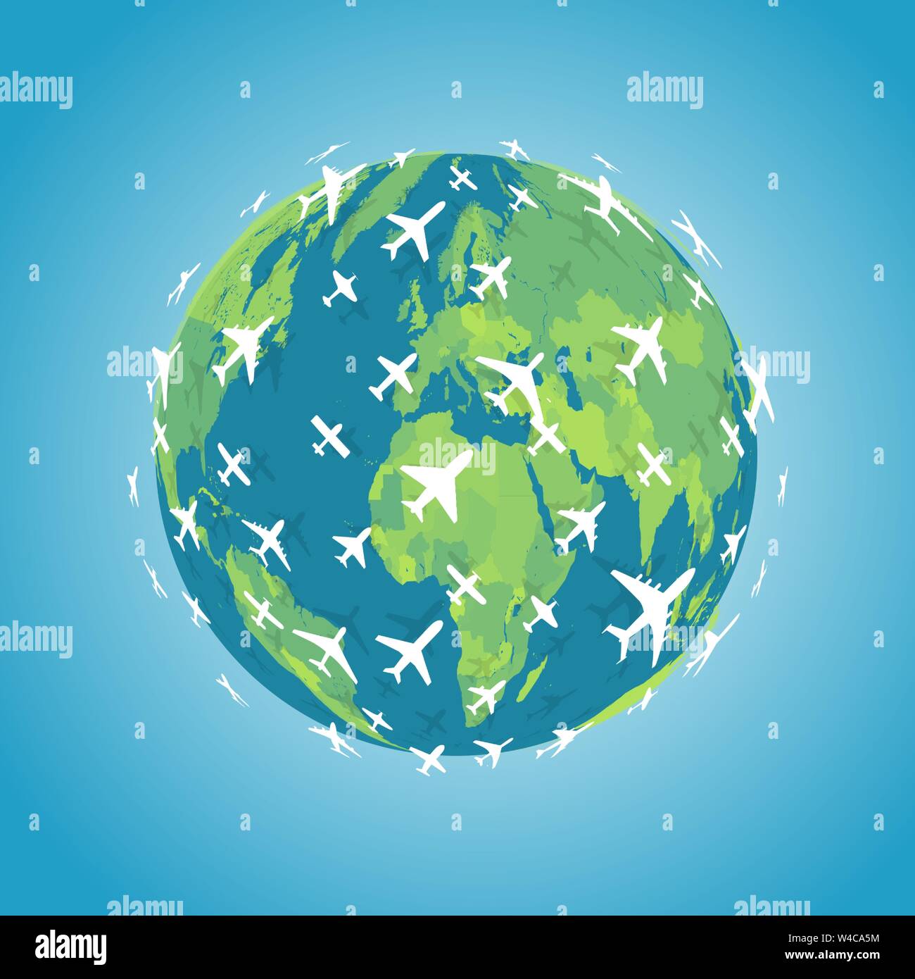 Many white planes flying in one direction around earth ...