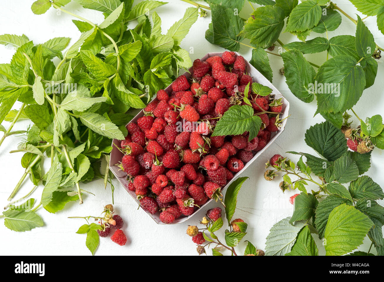 Flat lay fresh ripe raspberry in paper bag and mint leaves over white ...