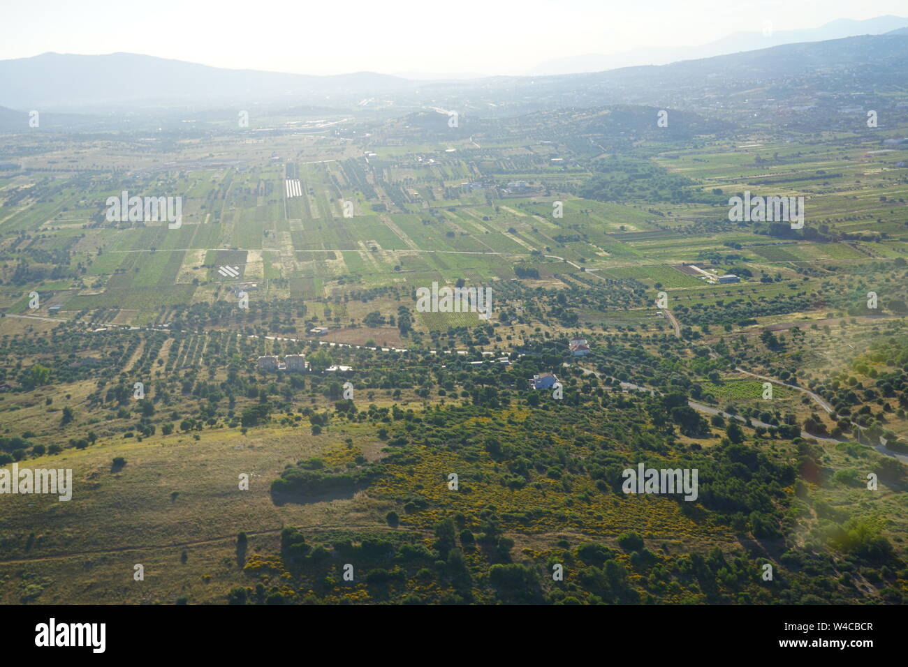ATHENS, GREECE -2 JUN 2019- Aerial view of fields with traditional ...