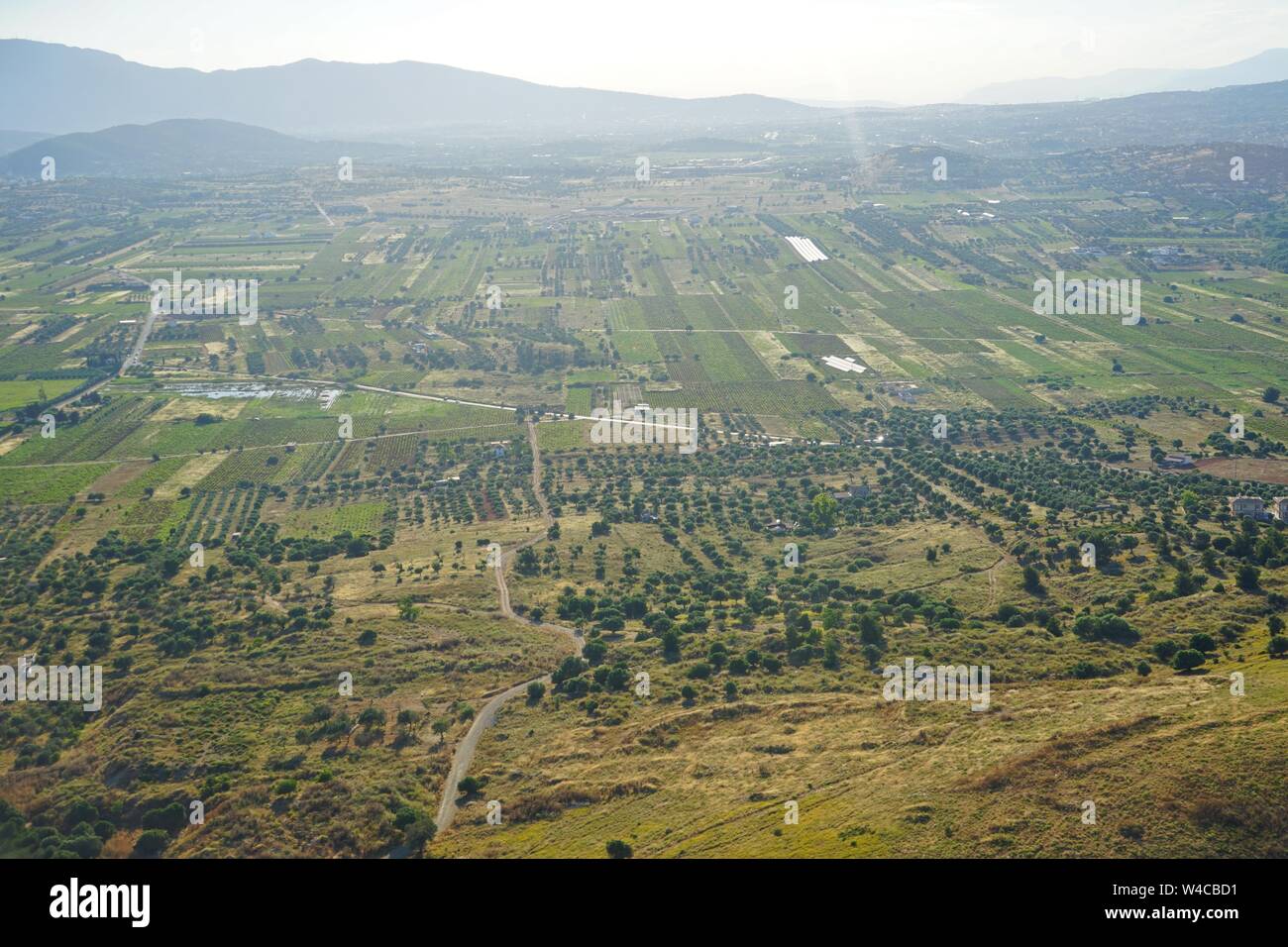 ATHENS, GREECE -2 JUN 2019- Aerial view of fields with traditional ...