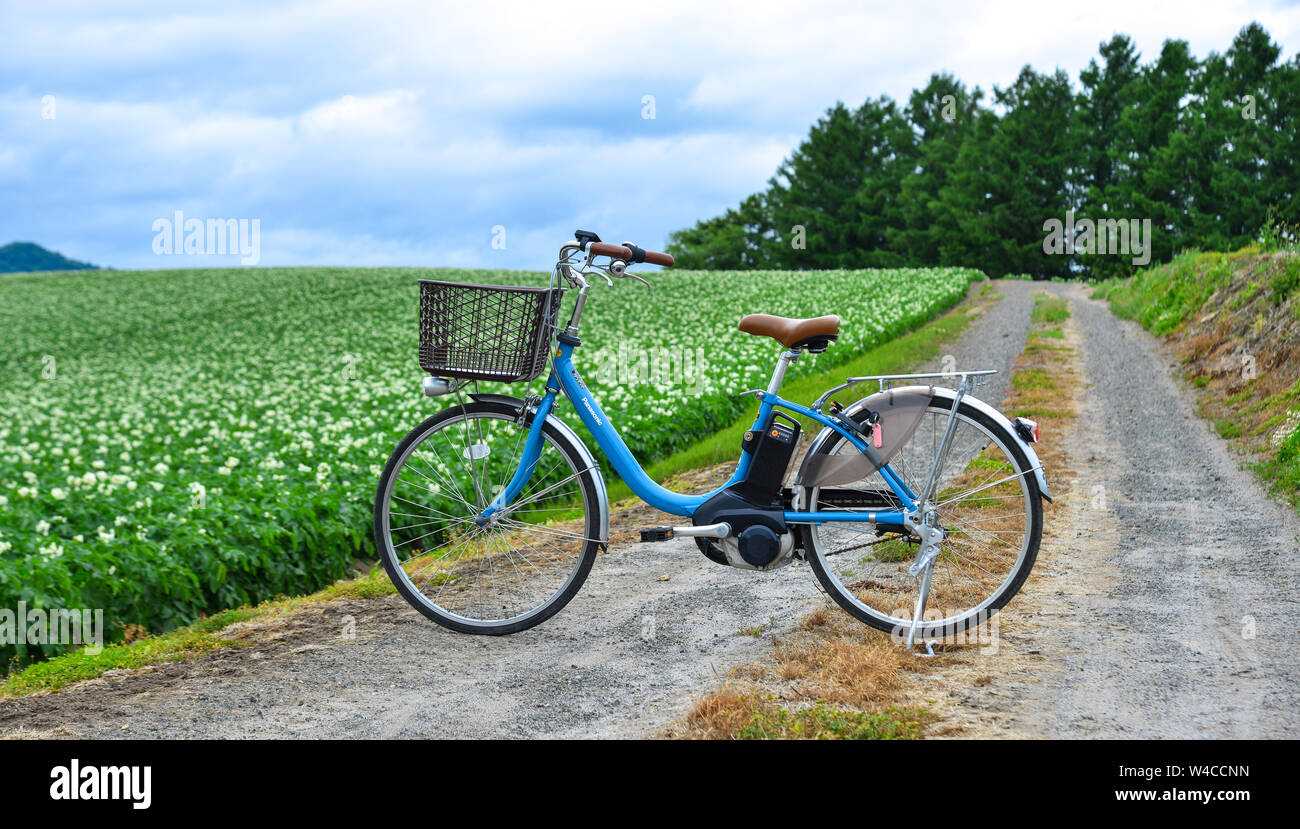Furano, Japan - Jul 1, 2019. Bicycle on the road in front of the field ...