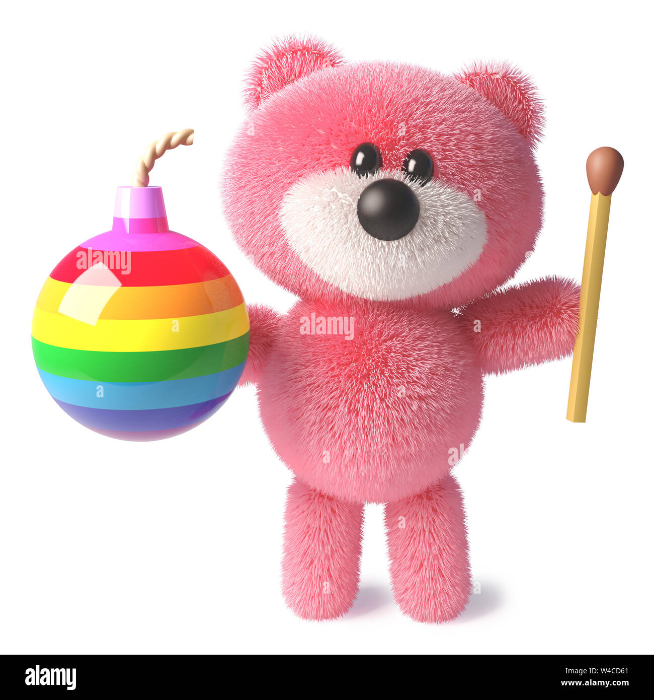 Teddy bear with soft pink fluffy fur holding a match and rainbow bomb ...