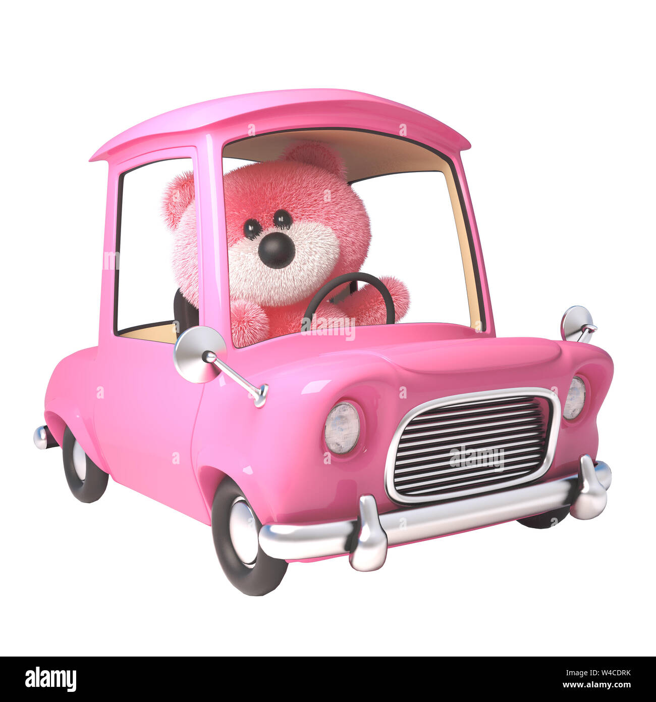 Teddy bear with pink fluffy fur driving her new pink car, 3d ...