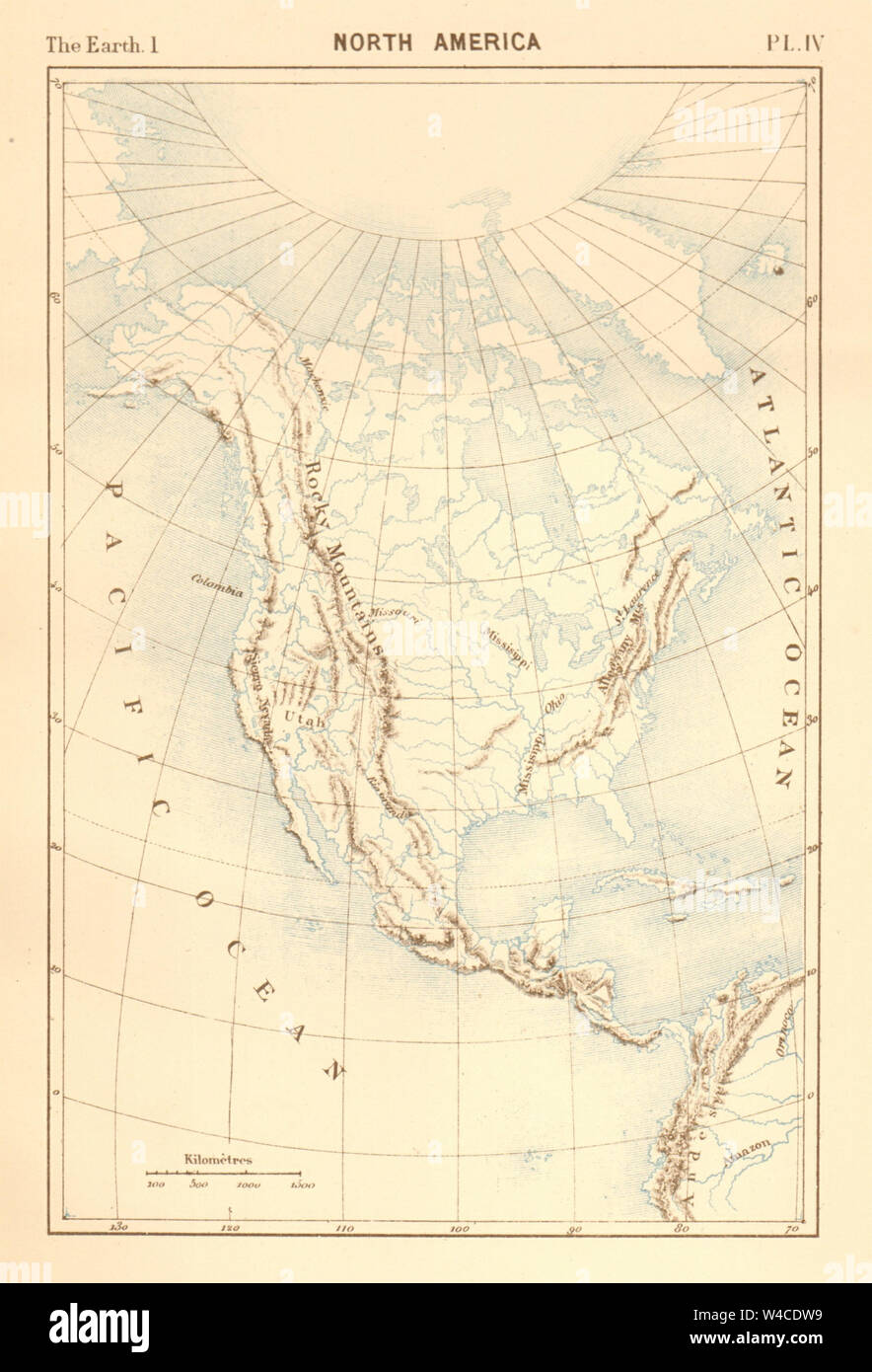 North America. Physical. Mountains & rivers 1886 old antique map plan ...