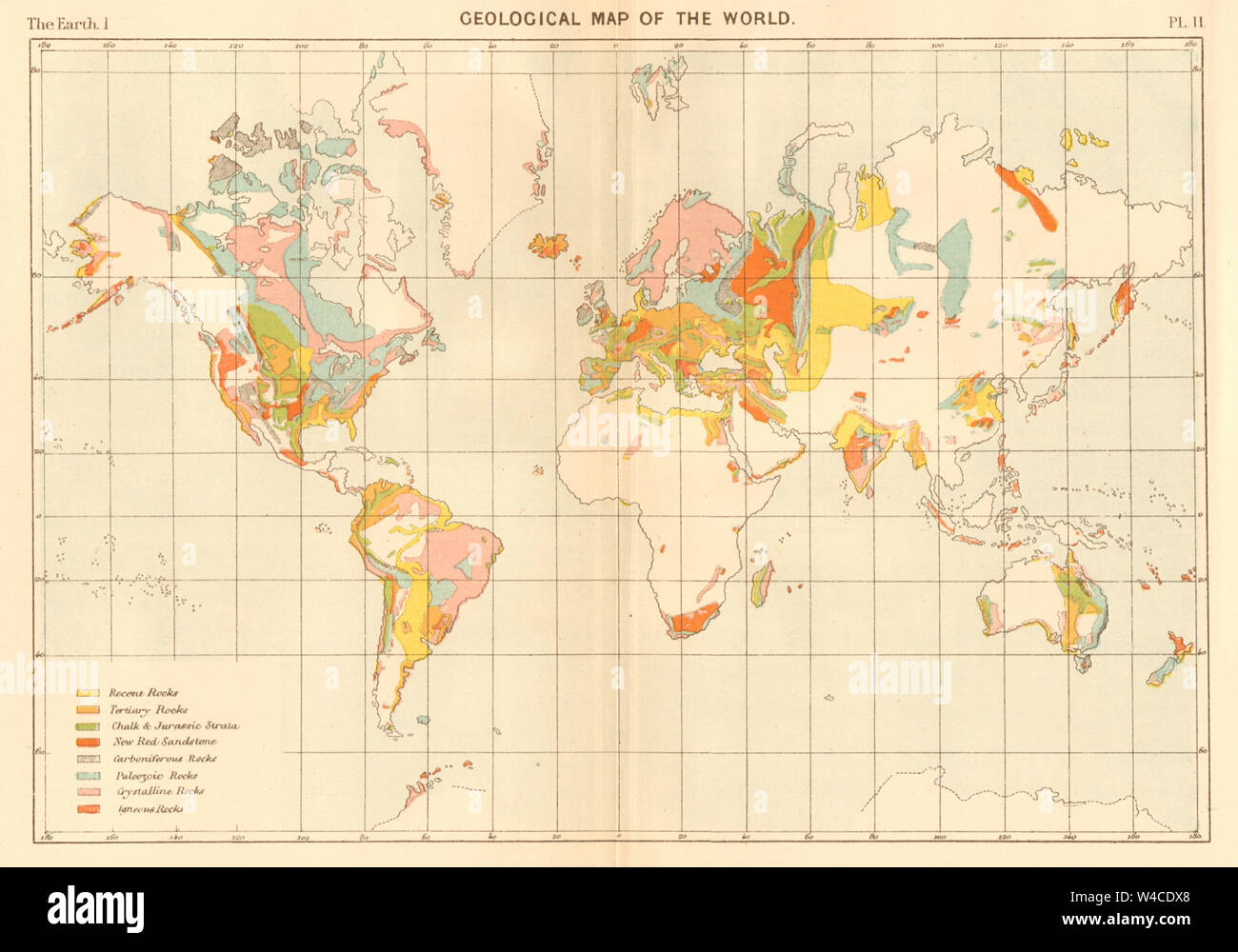 Geological Map of the World 1886 old antique vintage plan chart Stock ...