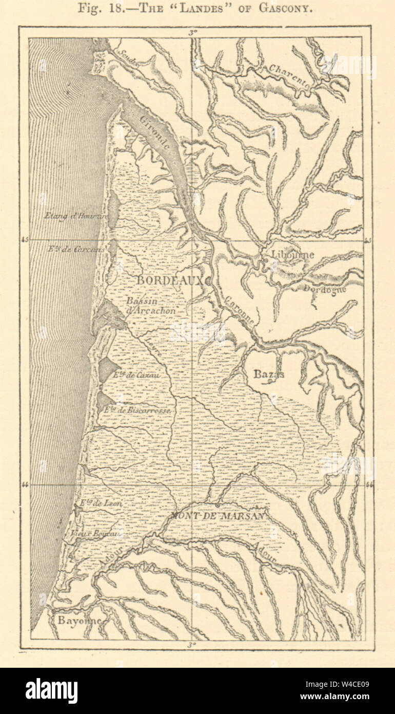 The "Landes" of Gascony. Gironde. Bordeaux. Sketch map 1886 old antique ...
