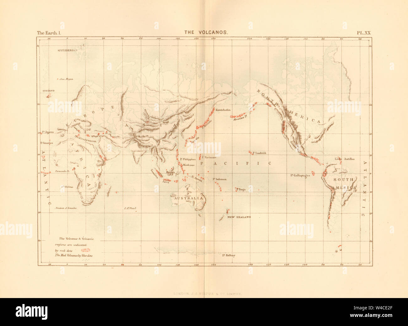 Volcanoes of the World 1886 old antique vintage map plan chart Stock ...