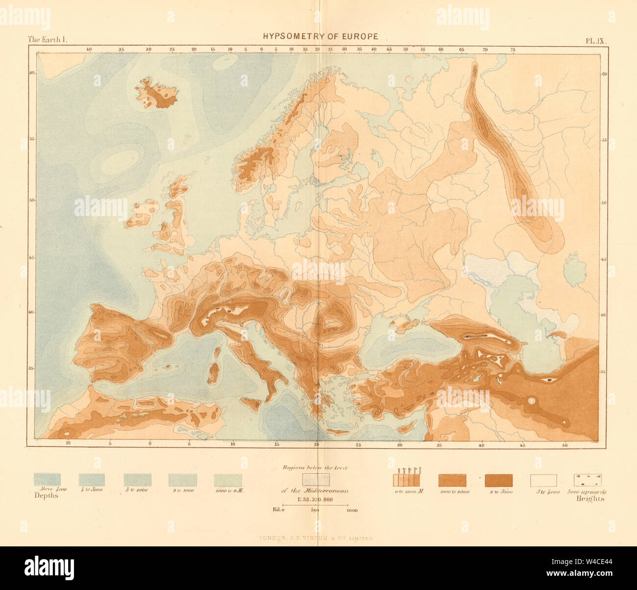 Hypsometry of Europe 1886 old antique vintage map plan chart Stock ...