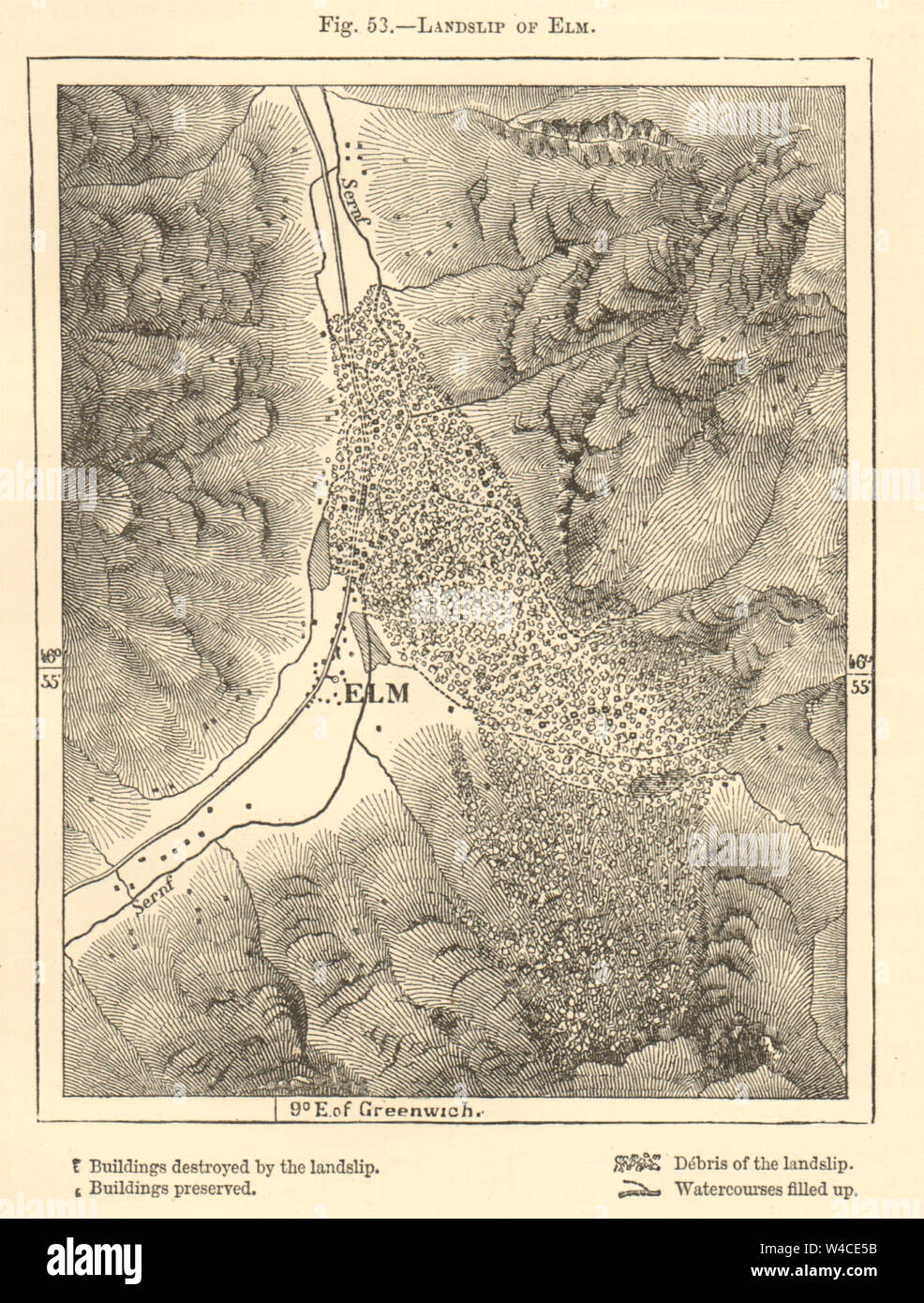 Landslip of Elm. Switzerland. Sketch map 1886 old antique plan chart ...