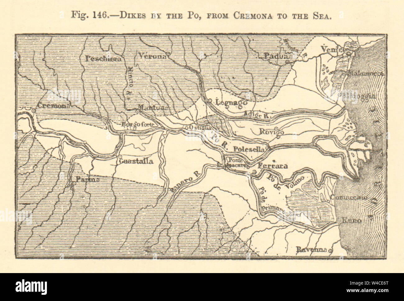 Po dikes & delta. Italy. Padua Cremona Parma Venice. SMALL sketch map ...