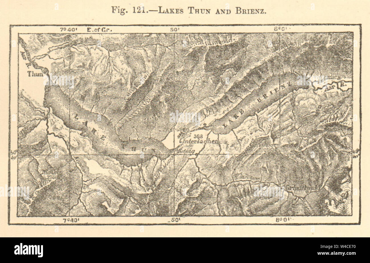 Lakes Thun and Brienz. Switzerland. Interlaken. SMALL sketch map 1886 ...