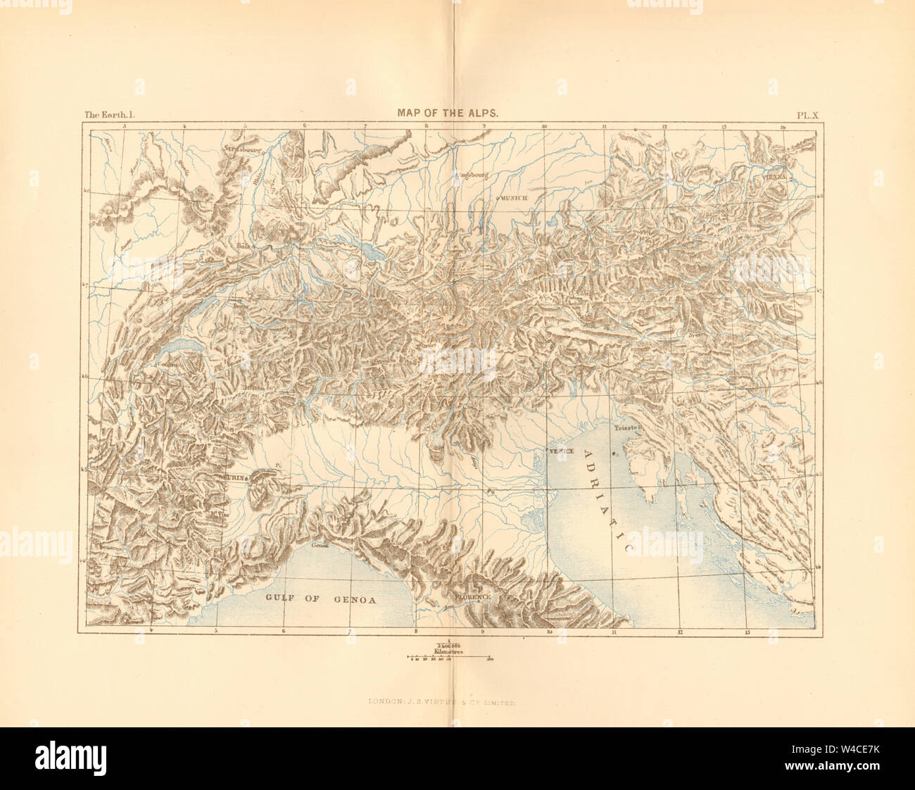 Map of the Alps. Europe 1886 old antique vintage plan chart Stock Photo ...