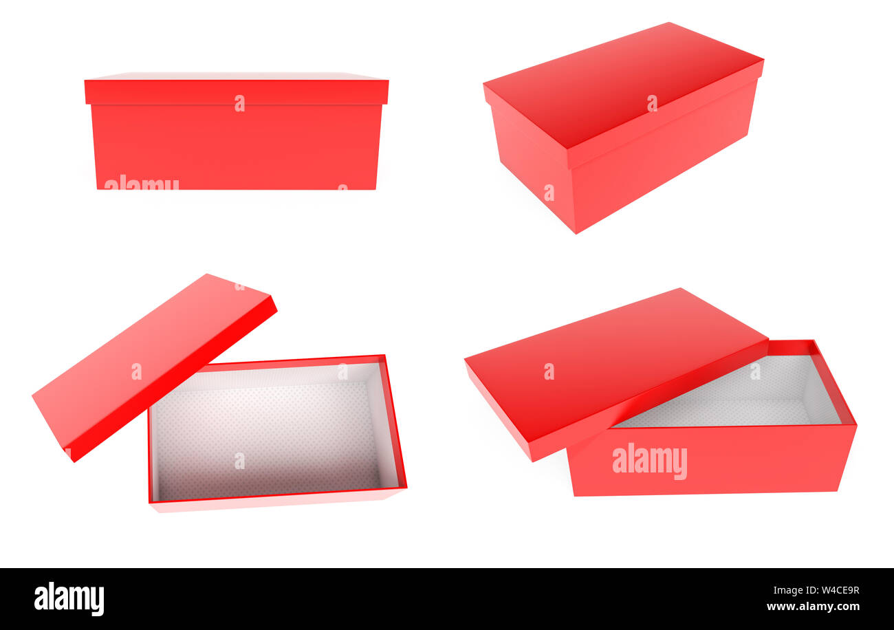 Red shoe box. Collection. 3d rendering illustration isolated Stock ...