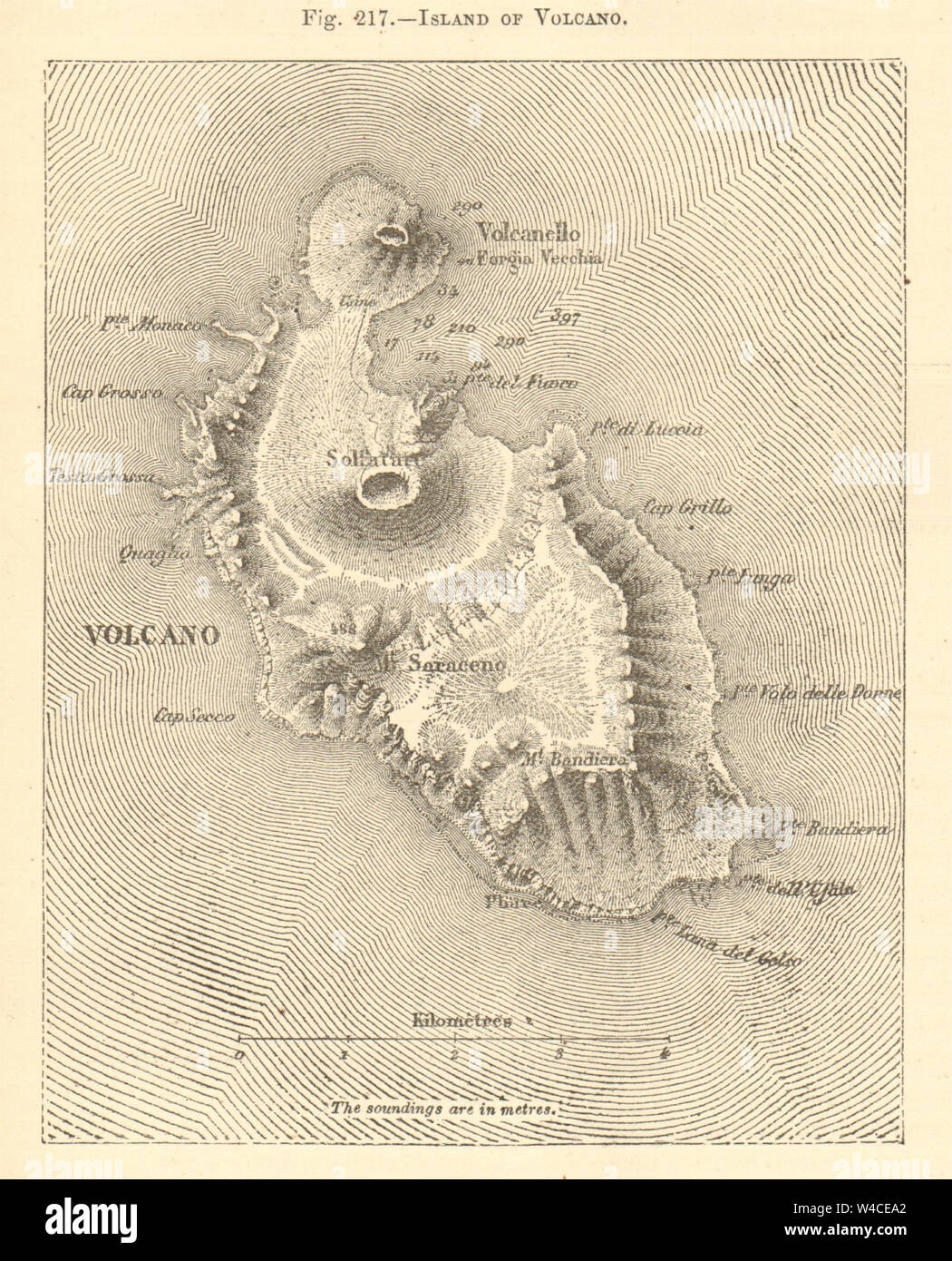 Island of Volcano. Italy. Vulcano, Aeolian Islands. Sketch map 1886 old ...