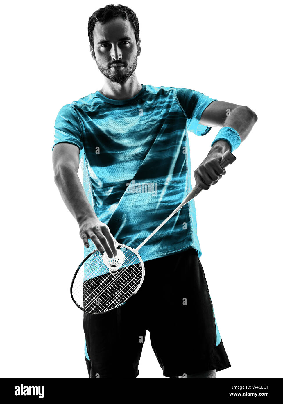 one caucasian Badminton player man in studio shadow silhouette isolated ...