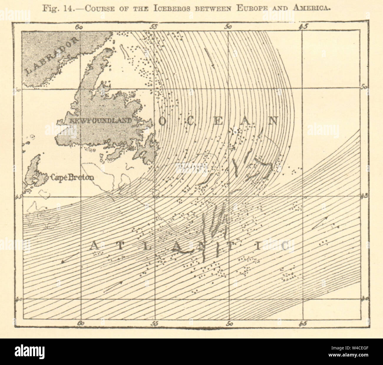North Atlantic Icebergs. Newfoundland. Sketch map 1886 old antique ...
