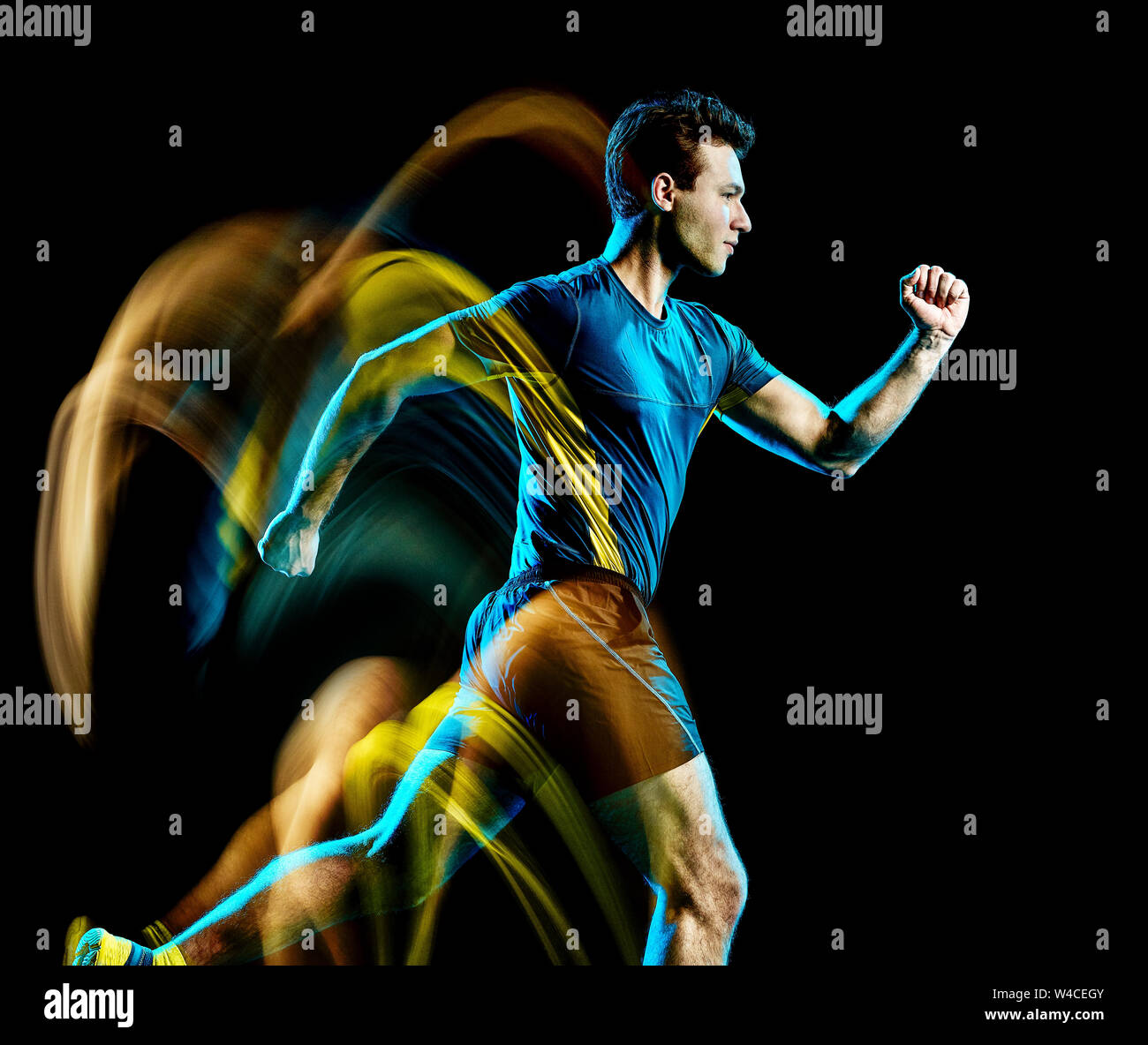 one caucasian runner running jogger jogging man light painting speed ...