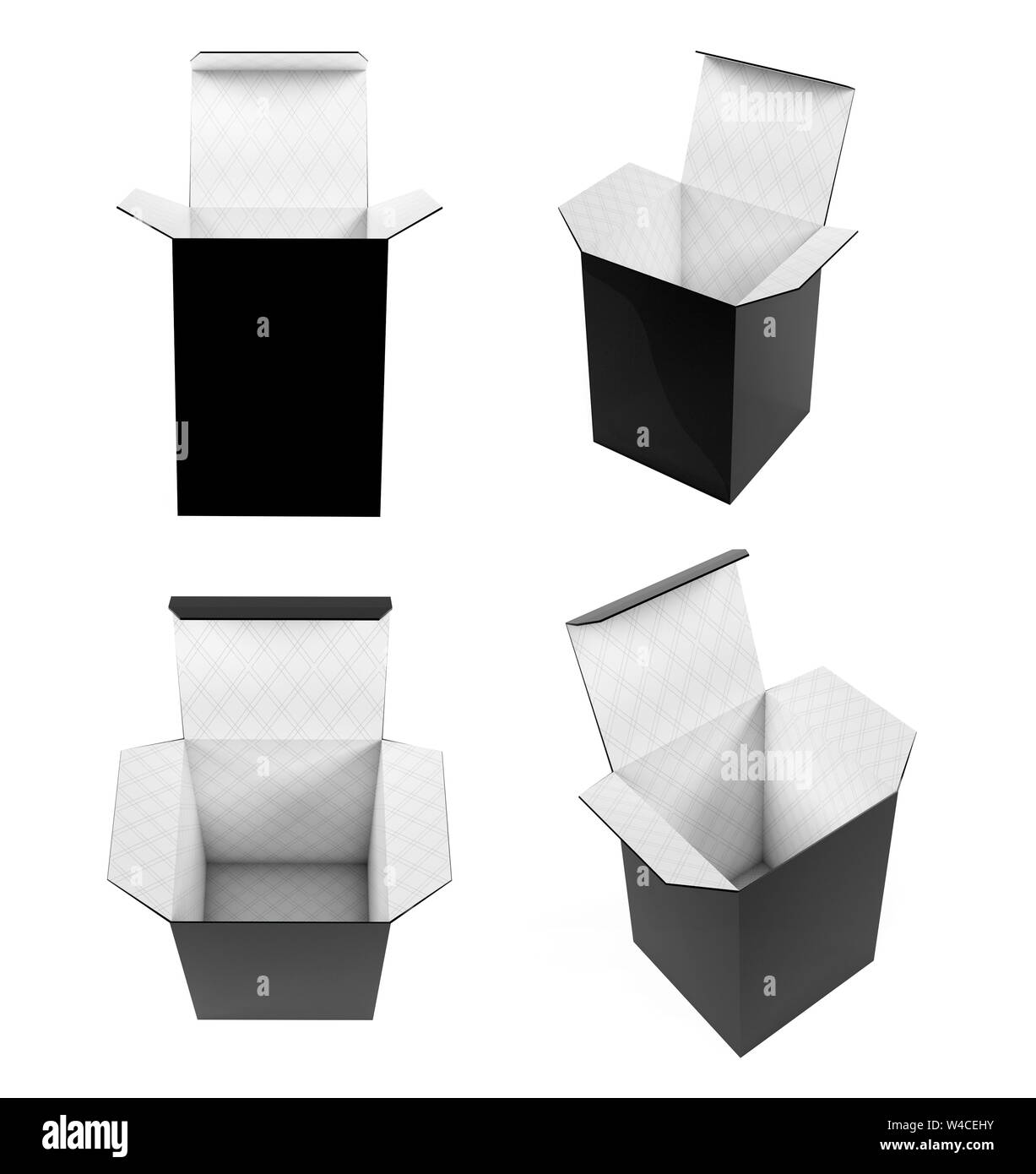 Black high box set. Open cartons with white inside. 3d rendering ...