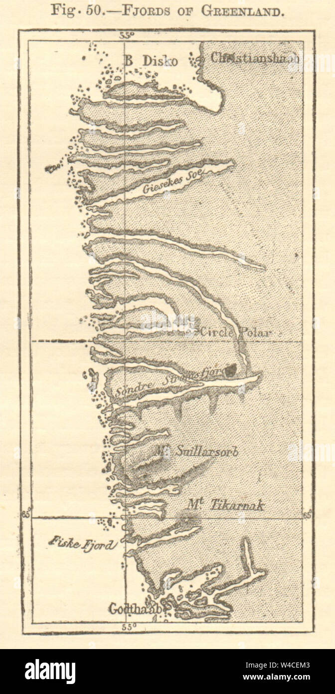 Fjords of Greenland. SMALL sketch map 1886 old antique vintage plan ...